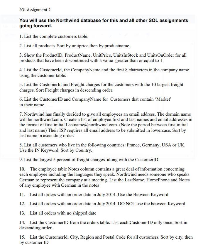 Solved SQL Assignment 2 You will use the Northwind database | Chegg.com
