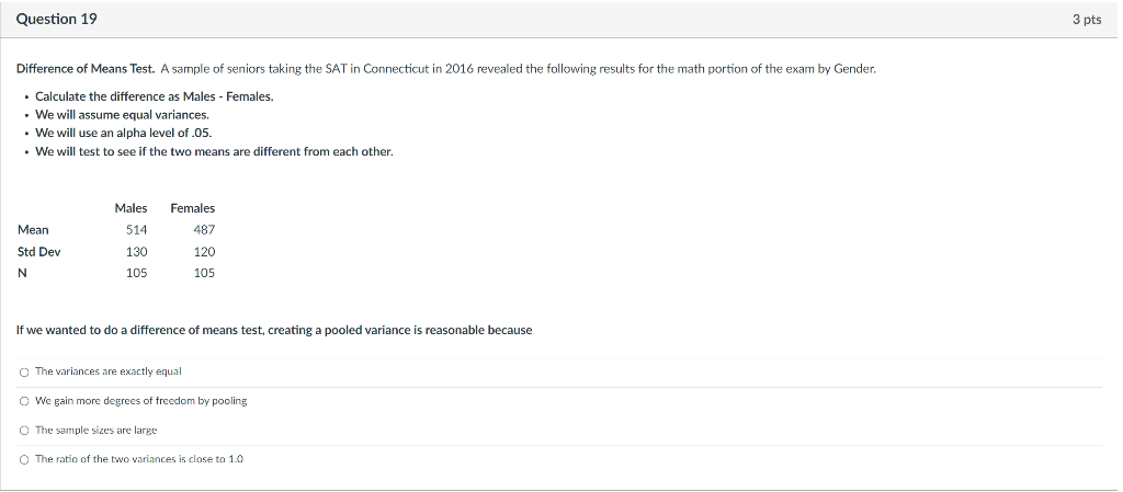 Solved Question 19 Difference of Means Test. A sample of | Chegg.com