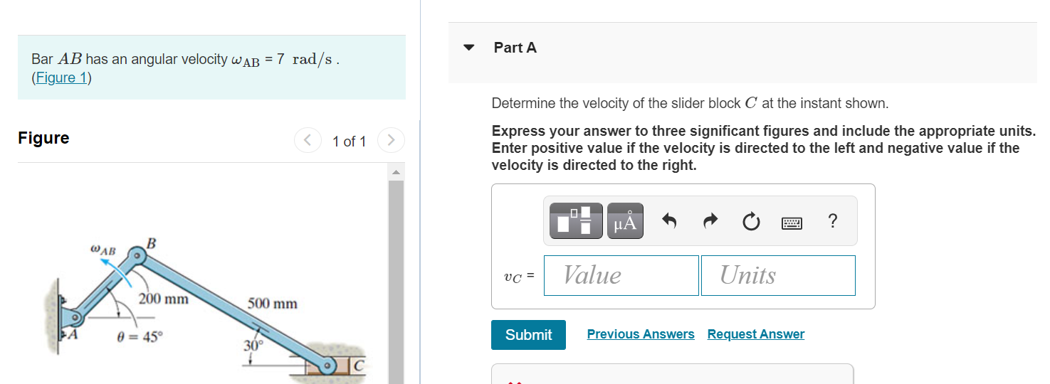 Solved Part A Bar AB has an angular velocity WAB = 7 rad/s. | Chegg.com