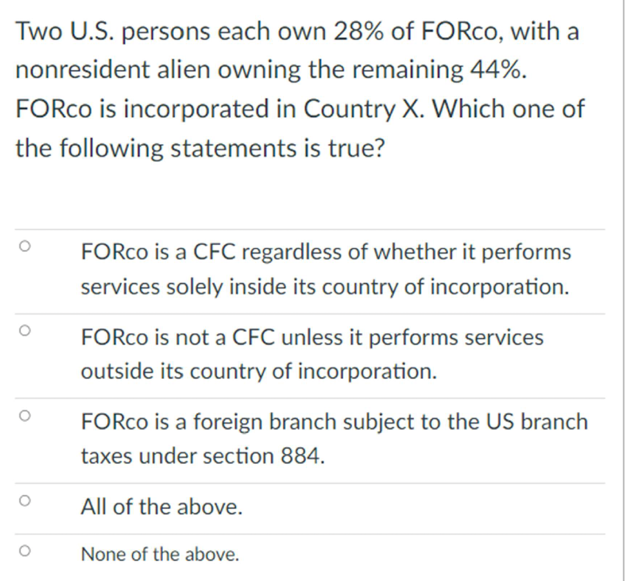 Solved Two U.S. ﻿persons each own 28% ﻿of FORco, with | Chegg.com
