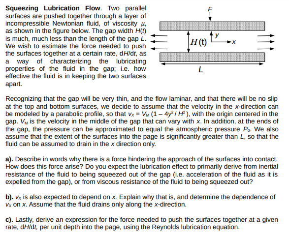 Solved Squeezing Lubrication Flow. Two parallel surfaces are | Chegg.com