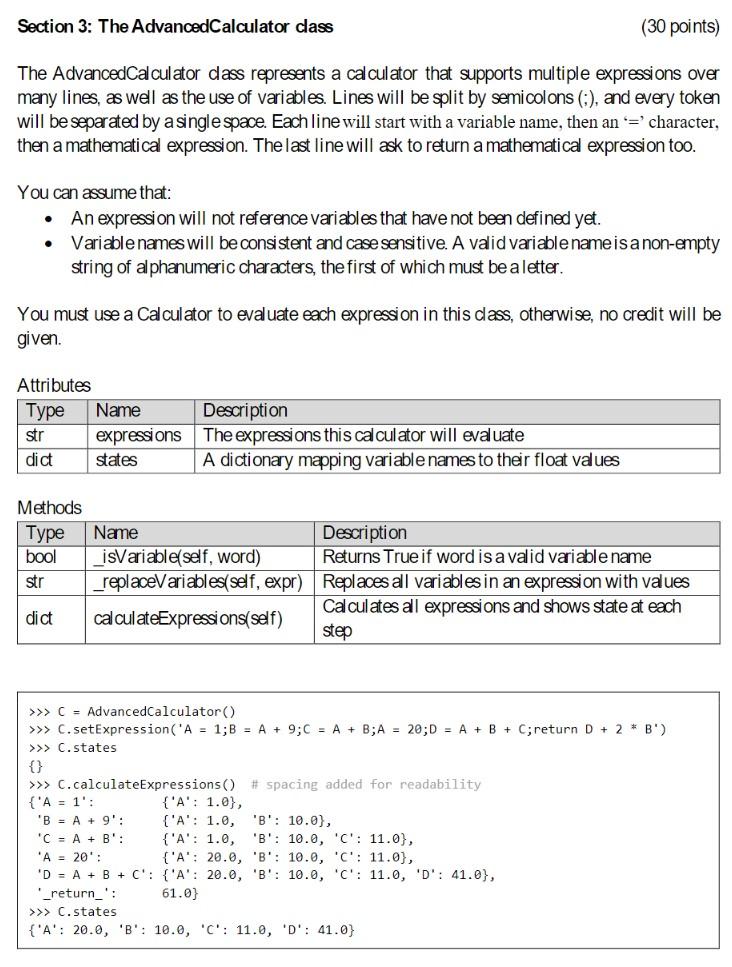 Section 2: The Calculator class (50 points) Implement | Chegg.com
