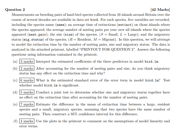 Question 2 [42 Marks] Measurements on breeding pairs | Chegg.com