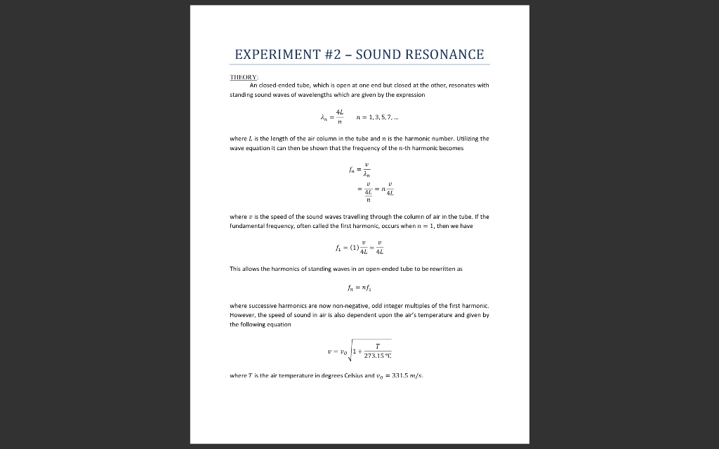SOUND RESONANCE LAB Why use the coefficients of the | Chegg.com