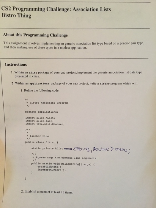 Solved Cs2 Programming Challenge Association Lists Bistro 