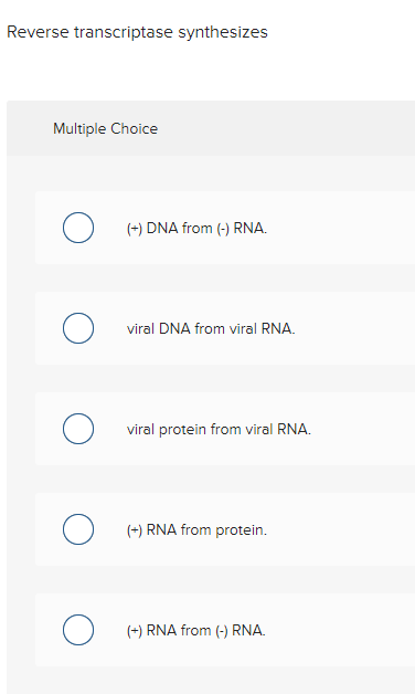 Solved Reverse transcriptase synthesizes Multiple Choice O | Chegg.com