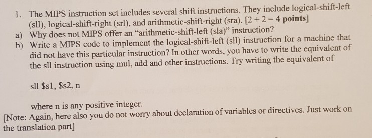 Solved 1 The Mips Instruction Set Includes Several Shift