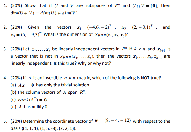 Solved 1. (20%) Show that if U and V are subspaces of R" and | Chegg.com