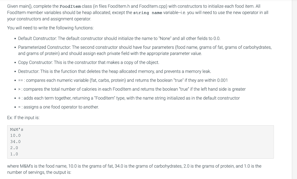 Solved Given main(), complete the FoodItem class (in files | Chegg.com