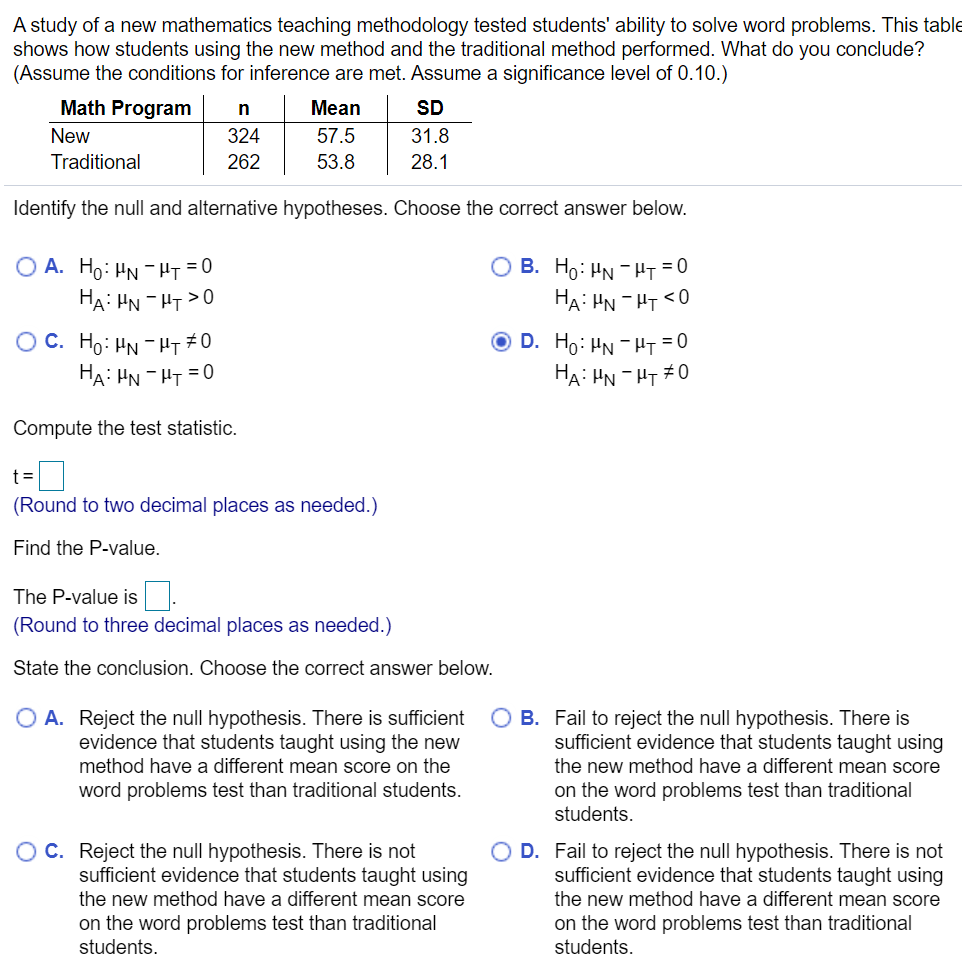 Solved A study of a new mathematics teaching methodology | Chegg.com