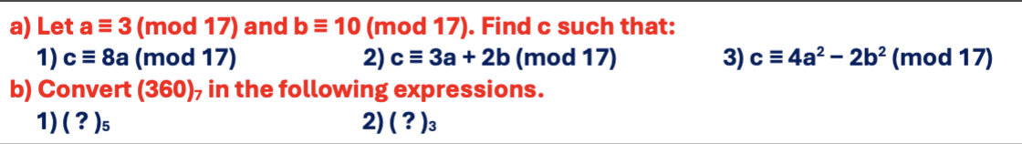 Solved aa-=3(mod17) ﻿and b-=10(mod17). ﻿Find c ﻿such | Chegg.com