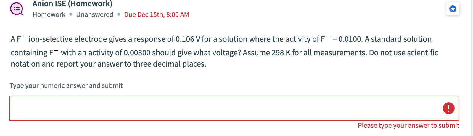 Solved Anion ISE (Homework)Homework * ﻿Unanswered * ﻿Due Dec | Chegg.com