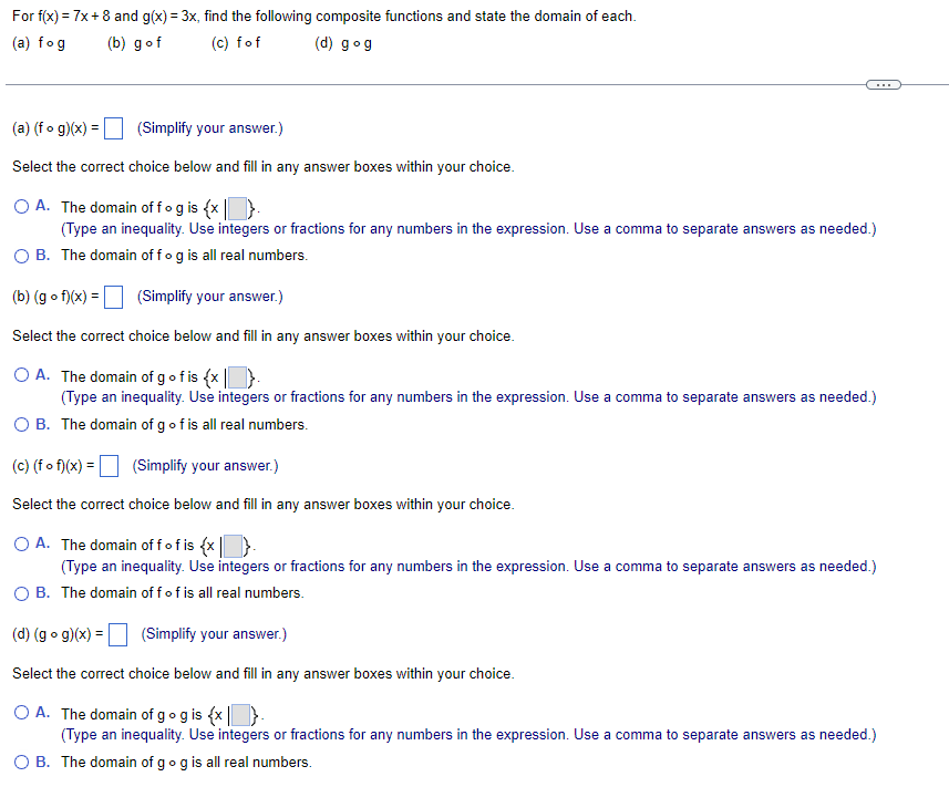 Solved For f(x)=7x+8 and g(x)=3x, find the following | Chegg.com