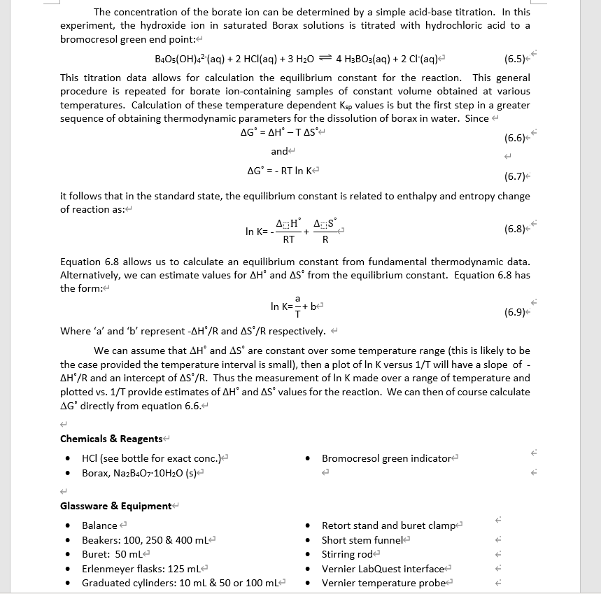 Solved -Enthalpy and Entropy of a Borax Solution Additional | Chegg.com