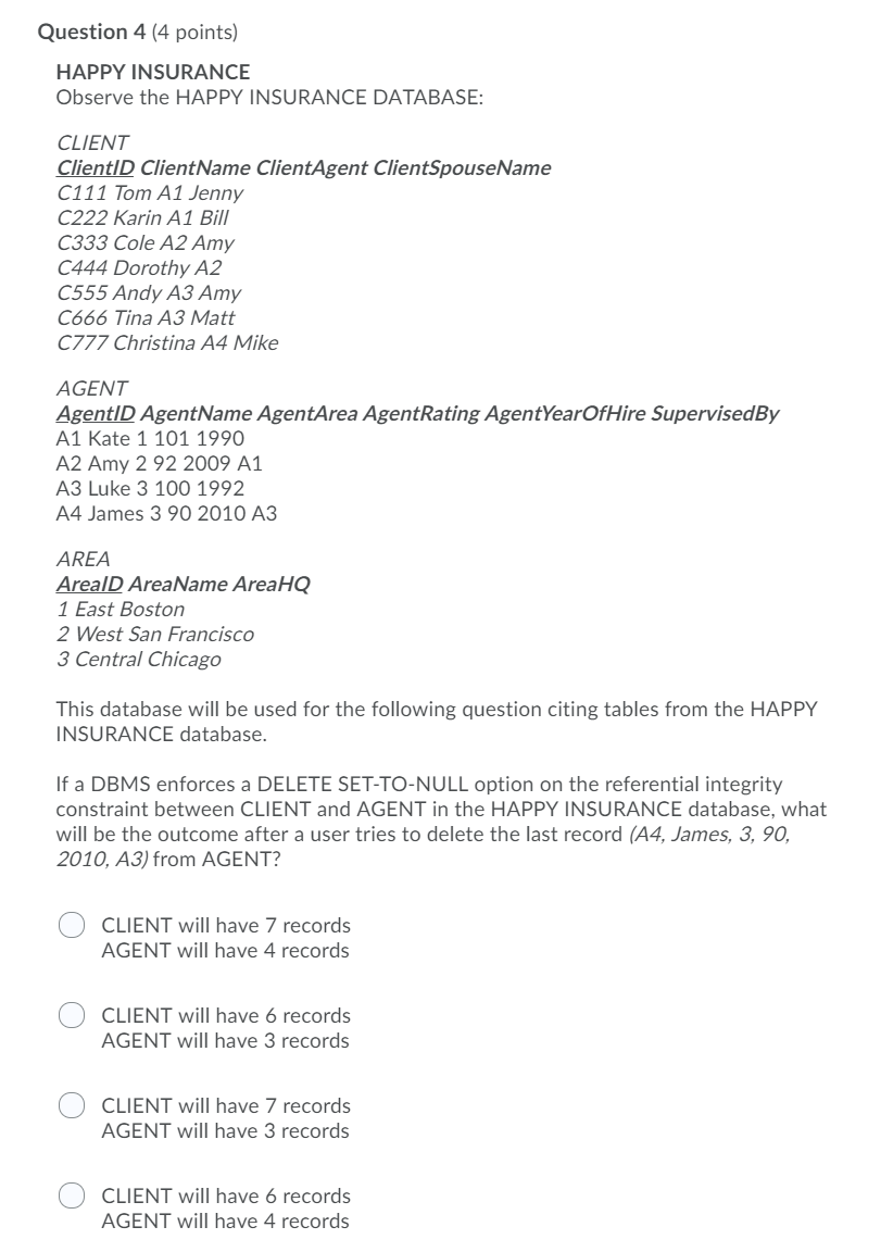 Solved Question 4 (4 points) HAPPY INSURANCE Observe the | Chegg.com