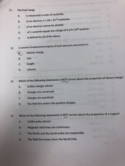 Solved 11. Electrical charge A. is measured in units of | Chegg.com
