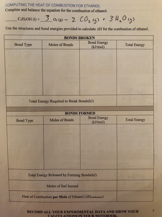 Solved COMPUTING THE HEAT OF COMBUSTION FOR ETHANOL Complete | Chegg.com
