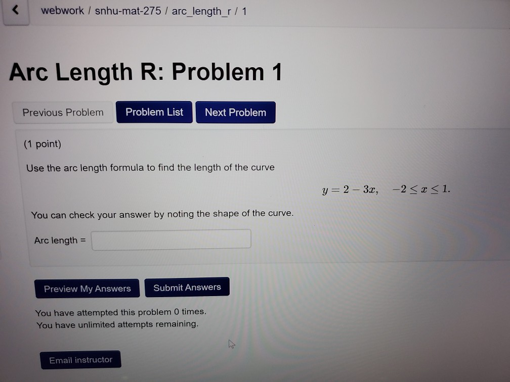 Solved webwork / snhu-mat-275/ arc_length_r/ 1 Arc Length R: | Chegg.com