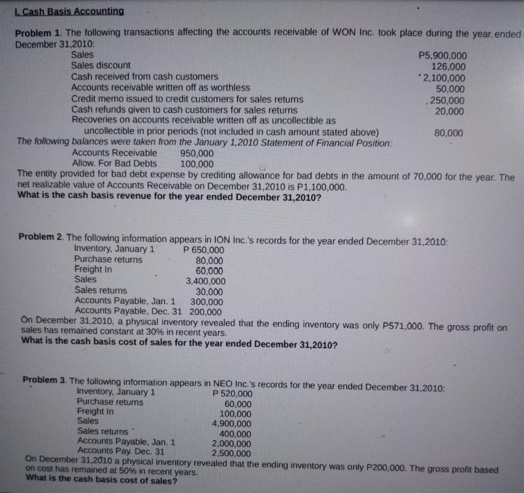 Solved 1. Cash Basis Accounting Problem 1. The following | Chegg.com