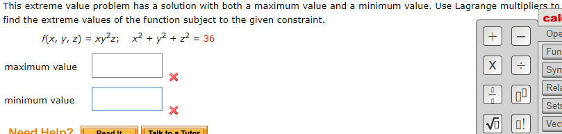 Solved This extreme value problem has a solution with both a | Chegg.com