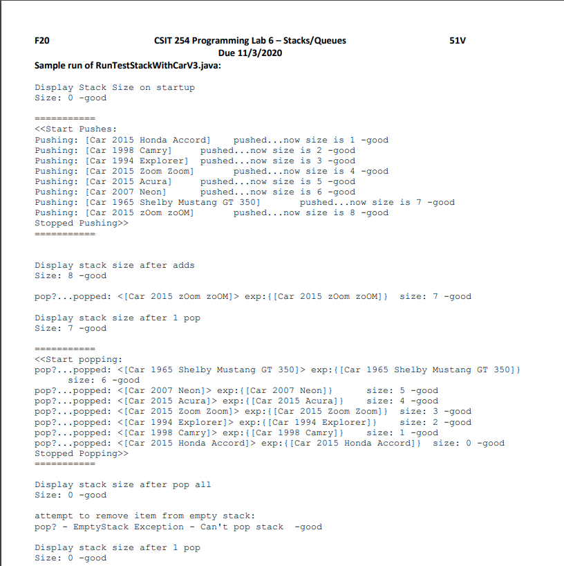 Solved 51V F20 CSIT 254 Programming Lab 6-Stacks/Queues Due | Chegg.com