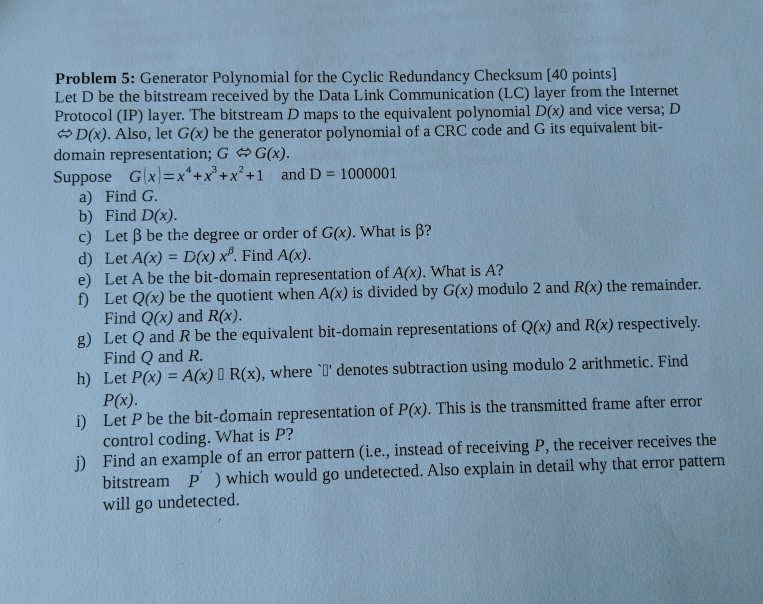 Solved Problem 5: Generator Polynomial for the Cyclic | Chegg.com