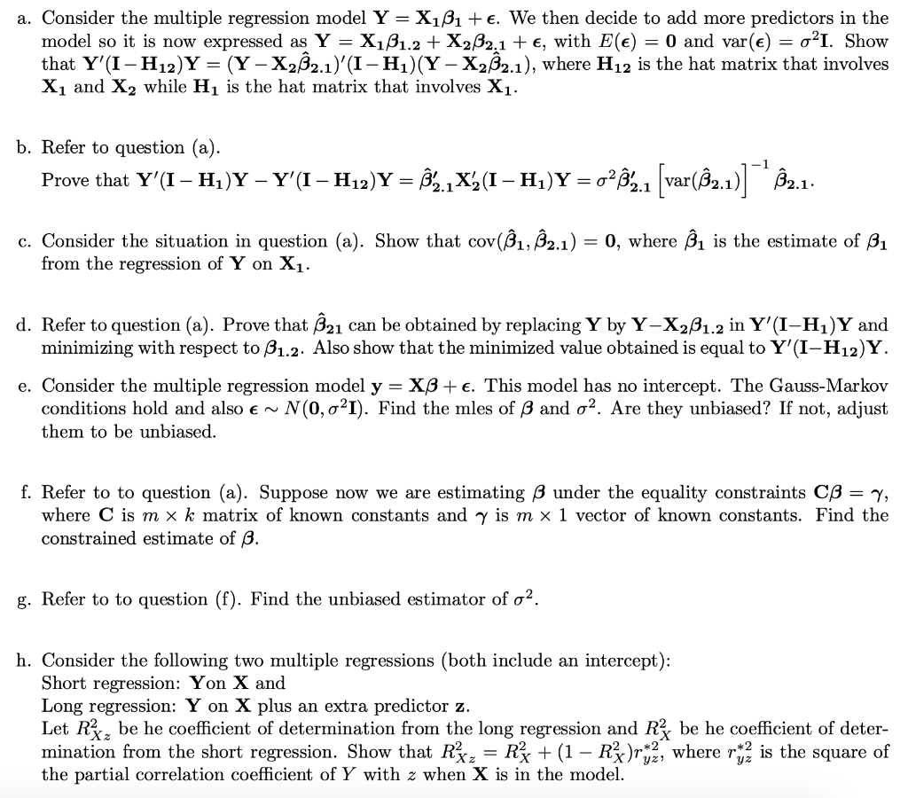 a. Consider the multiple regression model Y = Xißi | Chegg.com