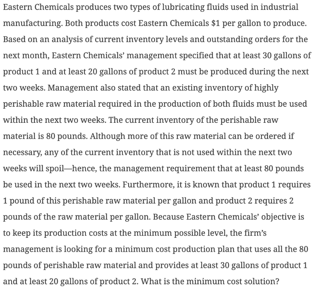 Solved Eastern Chemicals produces two types of lubricating | Chegg.com