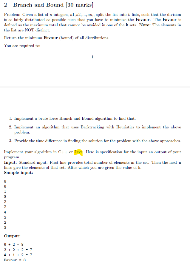 Solved 2 Branch and Bound [30 marks] Problem: Given a list | Chegg.com