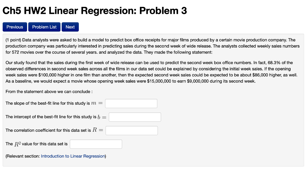 Solved Ch5 HW2 Linear Regression: Problem 3 Previous Problem | Chegg.com