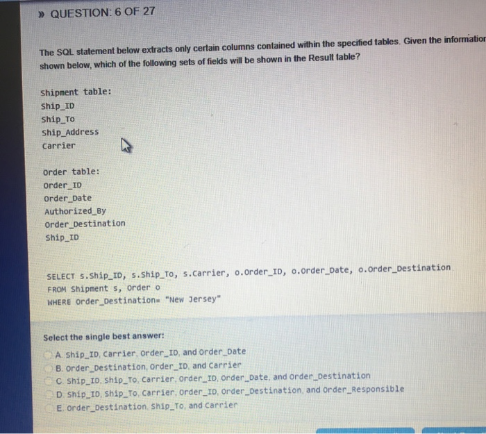 Solved »QUESTION: 6 OF 27 The SOL statement below extracts | Chegg.com
