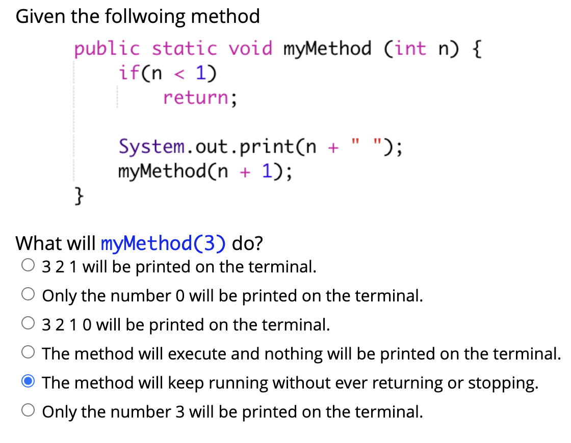 Solved Given the follwoing method```public static void | Chegg.com