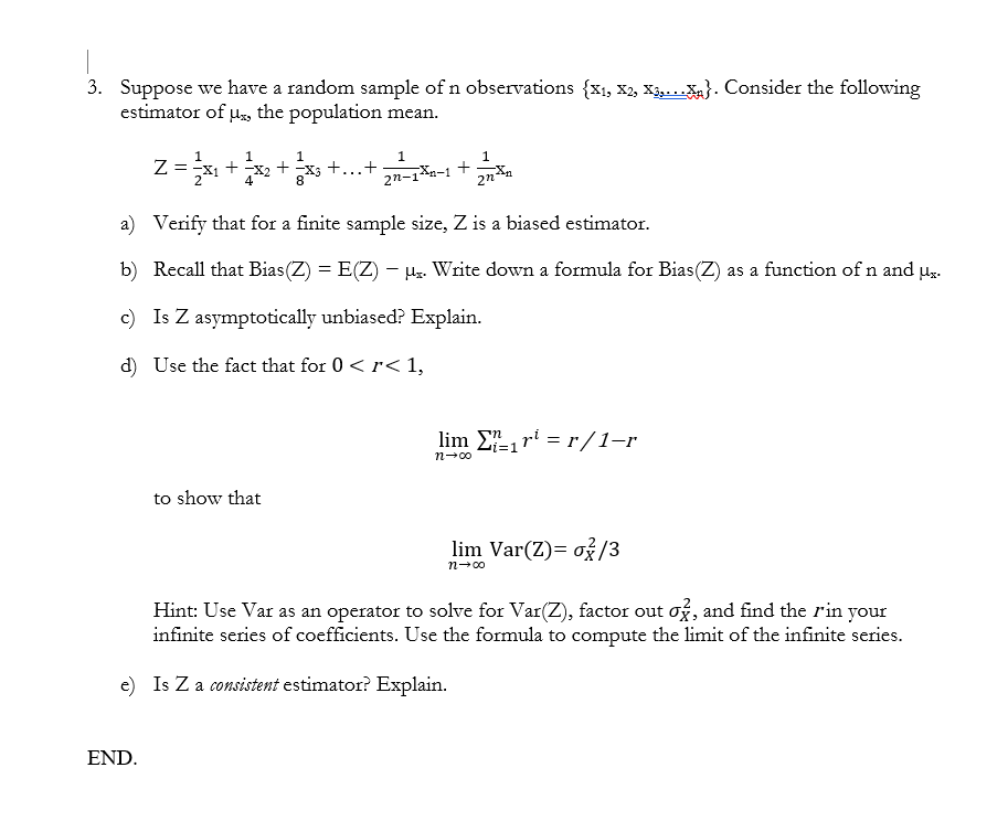 Solved 3. Suppose we have a random sample of n observations | Chegg.com
