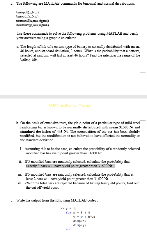 Solved 2. The following are MATLAB commands for binomial and | Chegg.com
