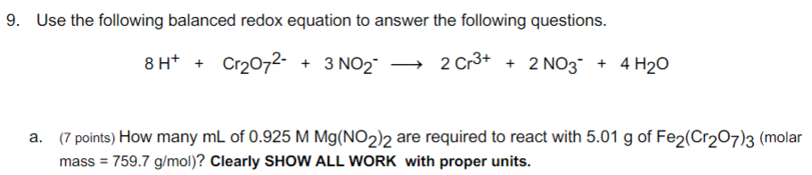 Solved Use the following balanced redox equation to answer | Chegg.com