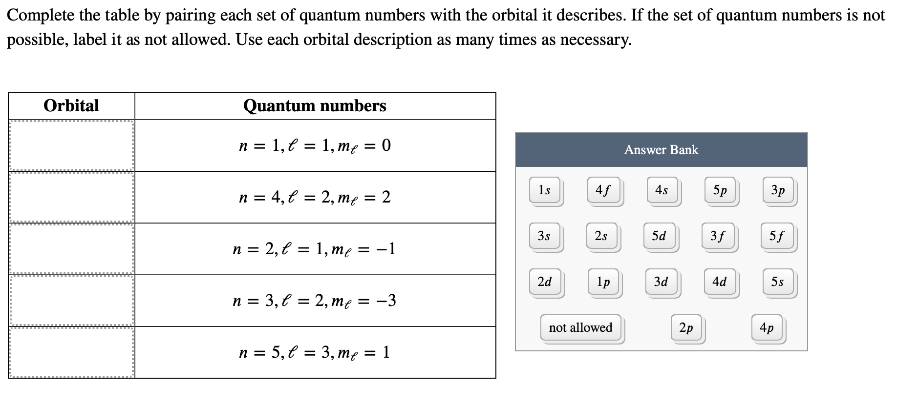 Solved Complete the table by pairing each set of quantum | Chegg.com