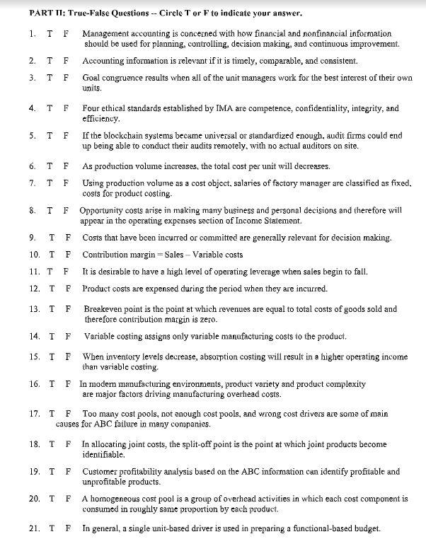 Solved 2 3. 4. 4. 5. TF 00 2. 9. T F I PART II: True-False | Chegg.com