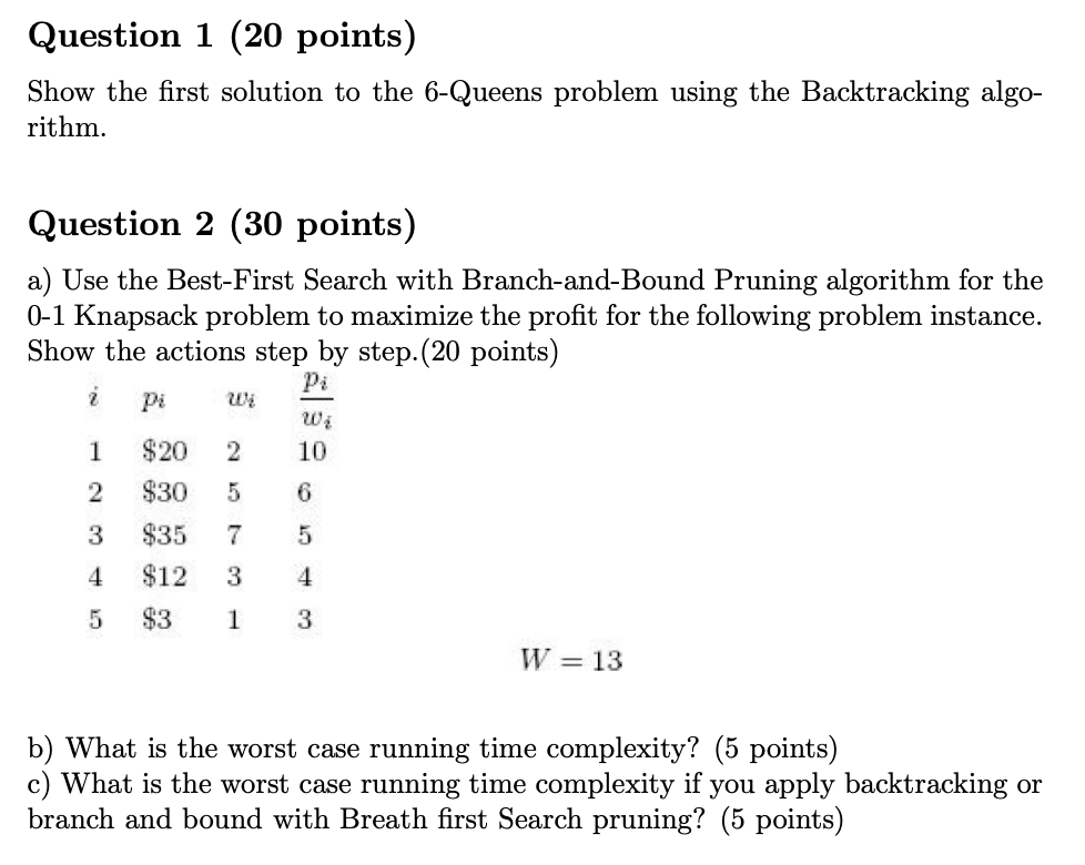 Solved Question 1 (20 points) Show the first solution to the | Chegg.com