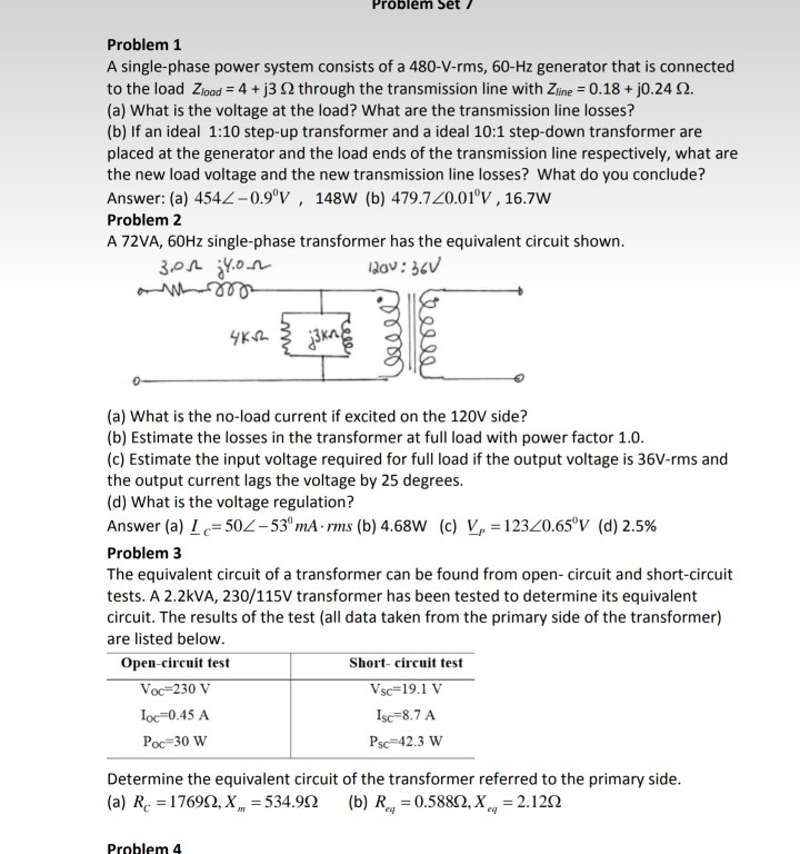 Solved Problem Set / Problem 1 A single-phase power system | Chegg.com
