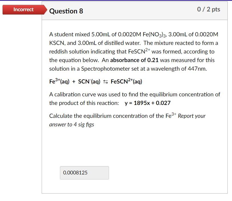 Solved A student mixed 5.00 mL of 0.0020MFe(NO3)3,3.00 mL of | Chegg.com