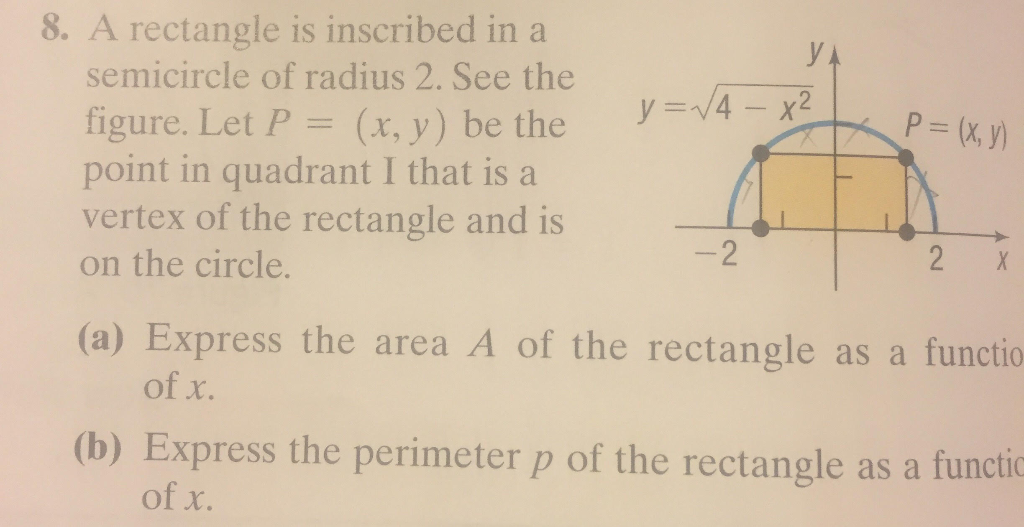 Solved 8. A rectangle is inscribed in a semicircle of radius | Chegg.com