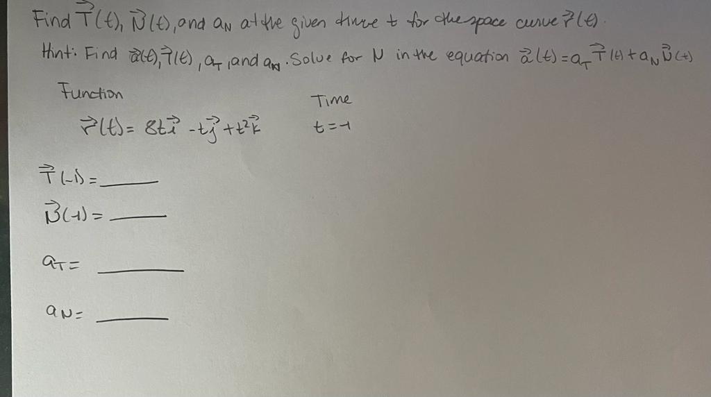 Solved Find T(t),N(t), and aN at the given tinere t for the | Chegg.com