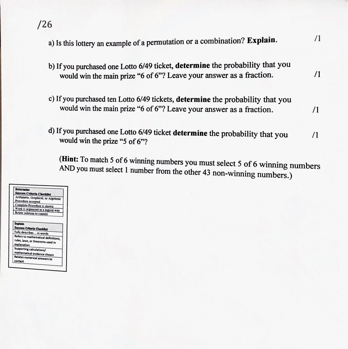 Solved /26 a) Is this lottery an example of a permutation or | Chegg.com