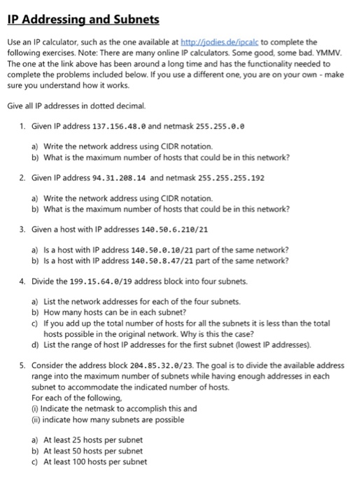 Solved Use an IP calculator, such as the one available at | Chegg.com