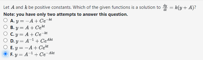 Solved Let A and k be positive constants. Which of the given | Chegg.com