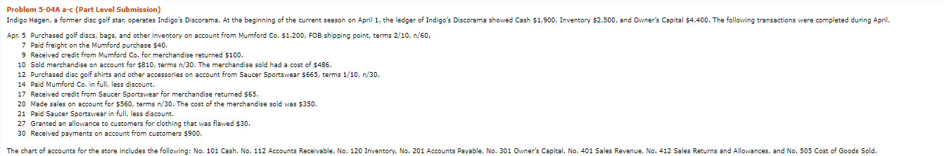 Solved Problem 5-04A a-c (Part Level Submission) Indigo | Chegg.com