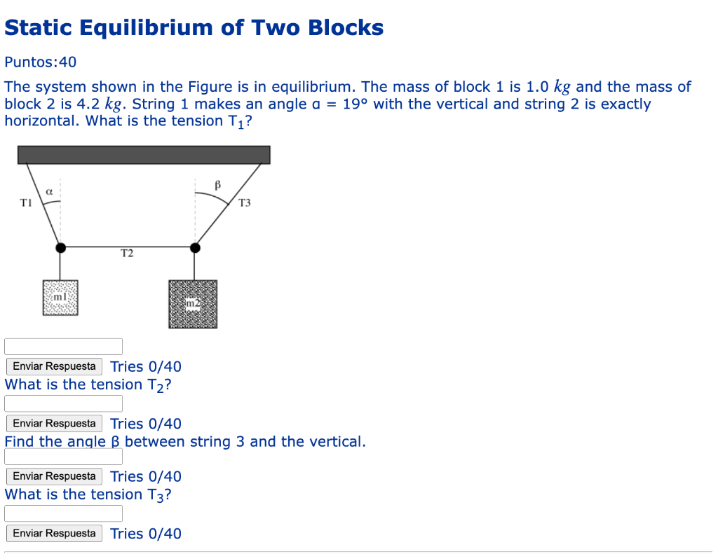 Solved Static Equilibrium of Two Blocks Puntos:40 The system | Chegg.com
