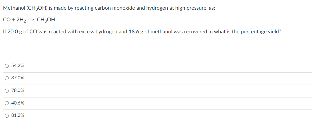 Solved Methanol (CH3OH) is made by reacting carbon monoxide | Chegg.com