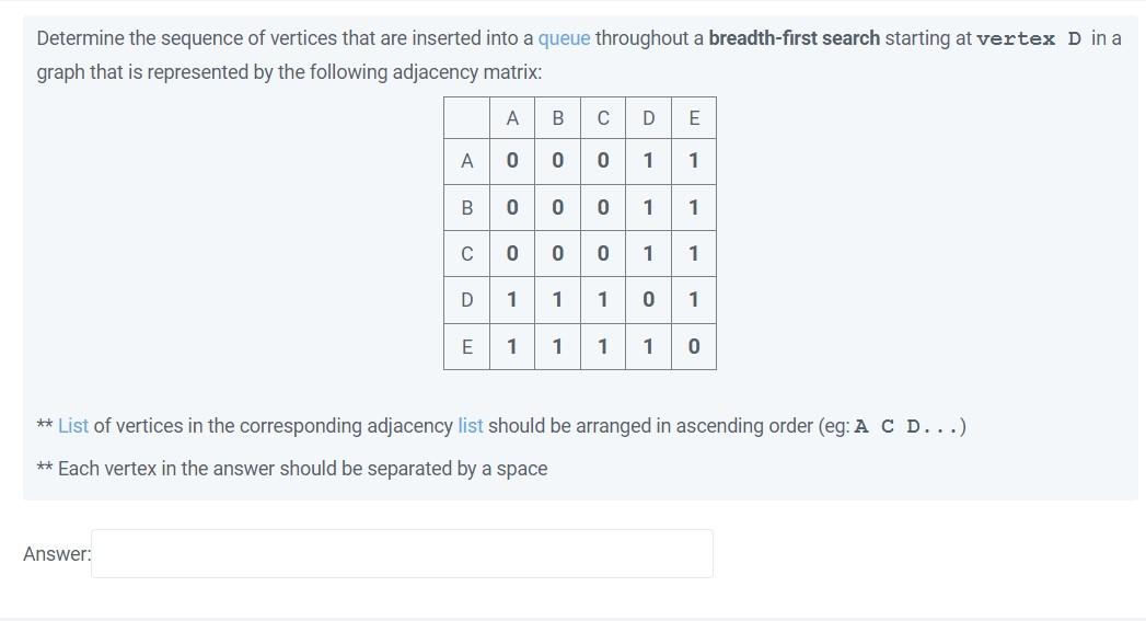 Solved Determine the sequence of vertices that are inserted | Chegg.com