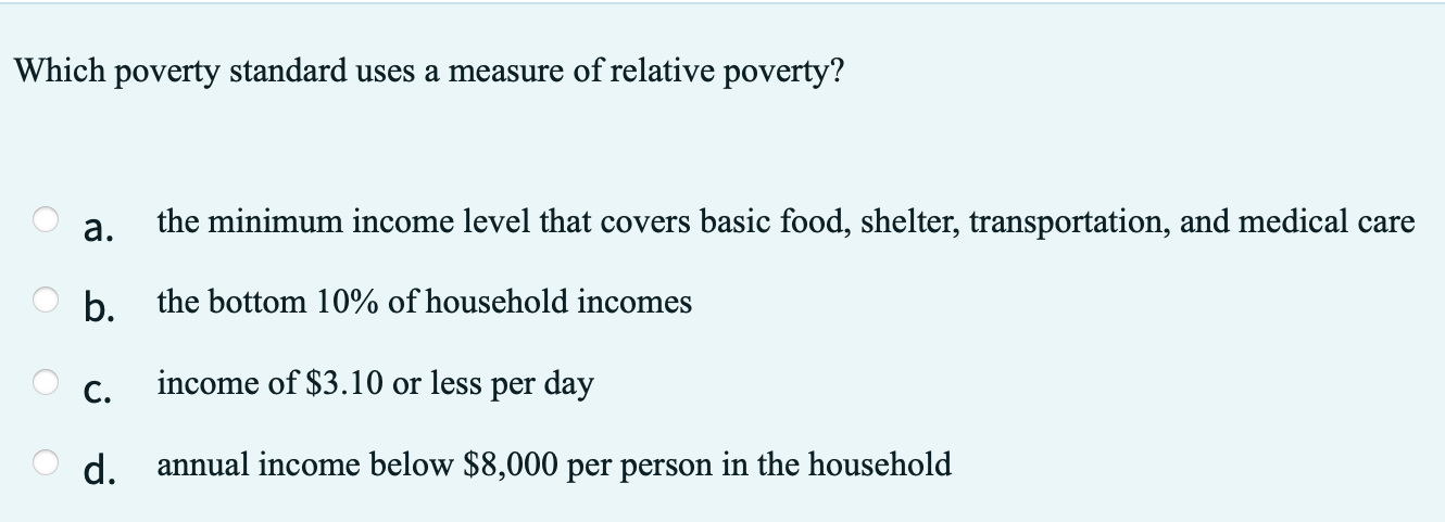 Solved Which poverty standard uses a measure of relative | Chegg.com